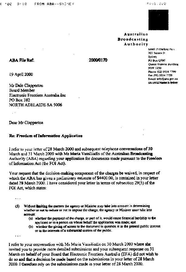 Freedom of Information Application to Australian Broadcasting Authority