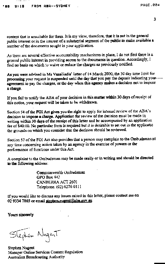 Freedom of Information Application to Australian Broadcasting Authority