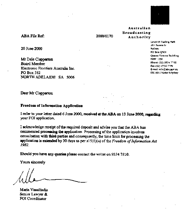 Freedom of Information Application to Australian Broadcasting Authority