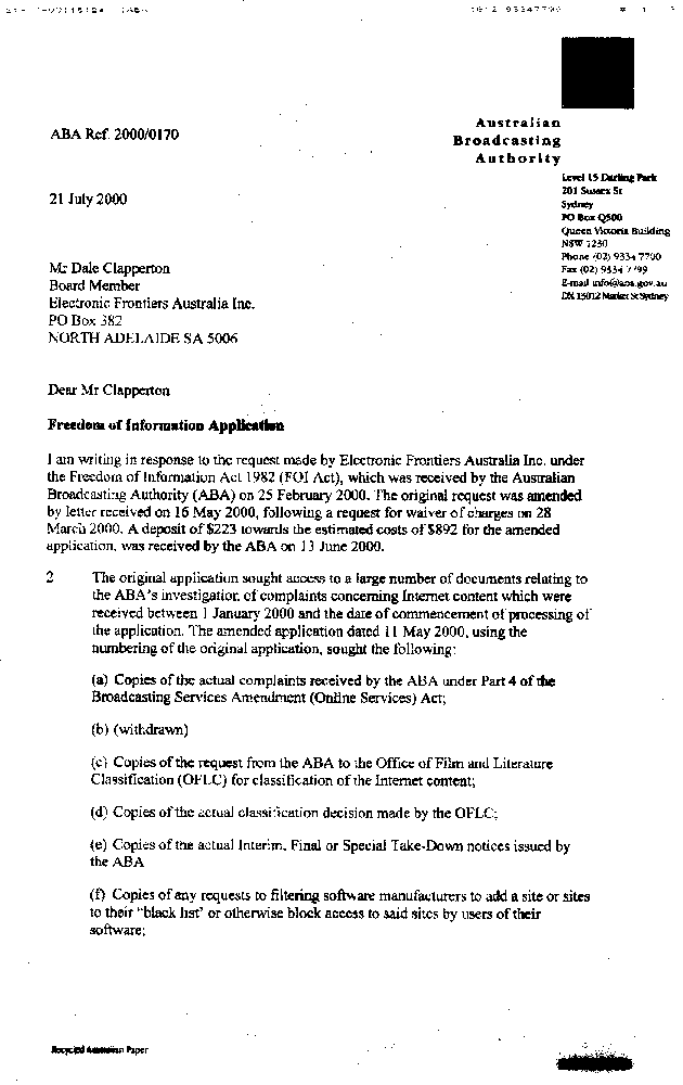 Freedom of Information Application to Australian Broadcasting Authority